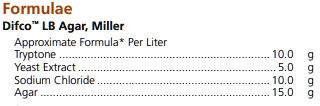 SOLVED: Formulae Difco' LB Agar; Miller Approximate Fomula* Per Liter ...
