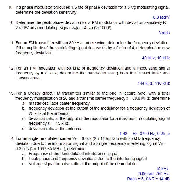 SOLVED: 9. If a phase modulator produces 1.5 rad of phase deviation for a 5-Vp modulating signal ...