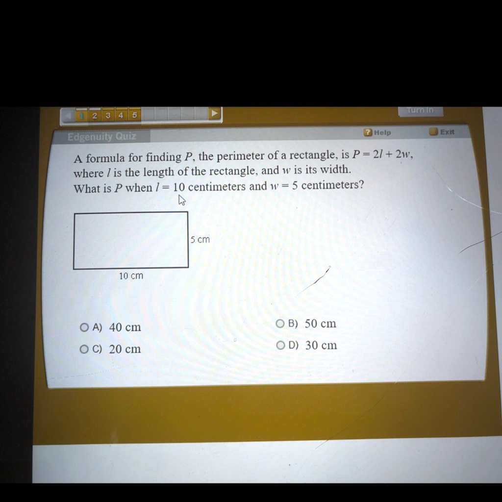 A formula for finding P, the perimeter of a rectangle, is P = 2l + 2w ...