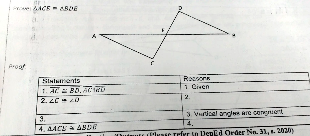 SOLVED: Proof: Statements: 1. AC = BD (Given) 2. âˆ LC = âˆ LD ...