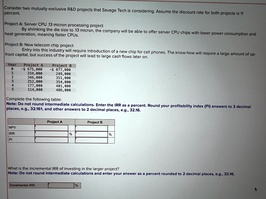 SOLVED: Consider two mutually exclusive R D projects that Savage Tech is considering. Assume the ...