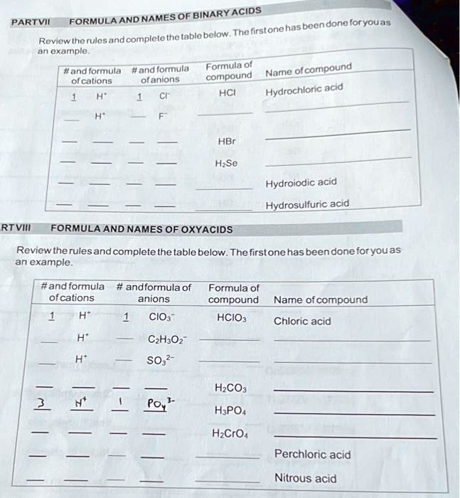 SOLVED: PART VII: FORMULA AND NAMES OF BINARY ACIDS An example: # and formula # and formula of ...