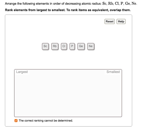 SOLVED: Arrange the following elements order of decreasing atomic radius: Sc, Rb, Cl, P; Ge, Ne ...