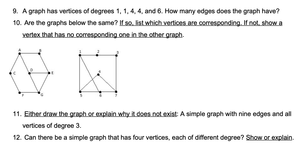 SOLVED: 9. A graph has vertices of degrees 1, 1, 4, 4, and 6 How many ... SOLVED: 9. A graph has vertices of degrees 1, 1, 4, 4, and 6 How many ...