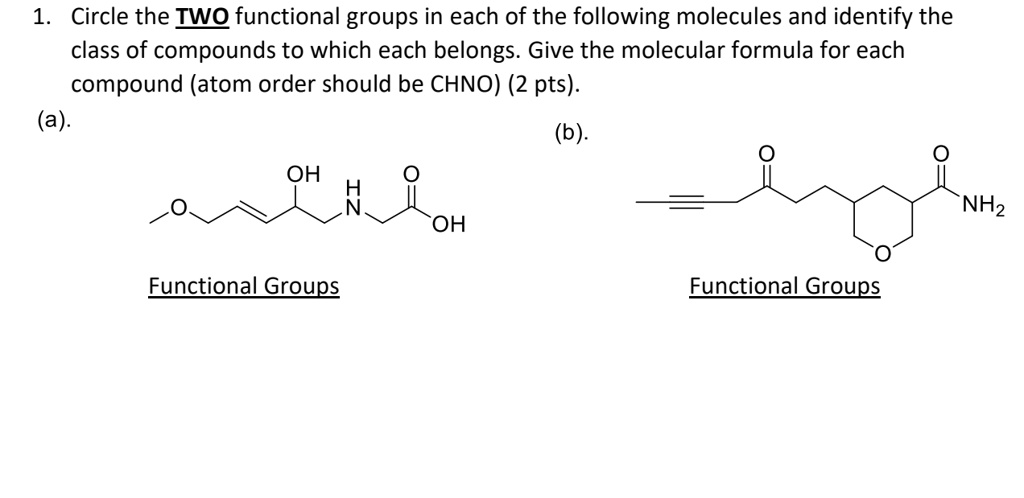 SOLVED: 1. Circle the two functional groups in each of the following molecules and identify the ...