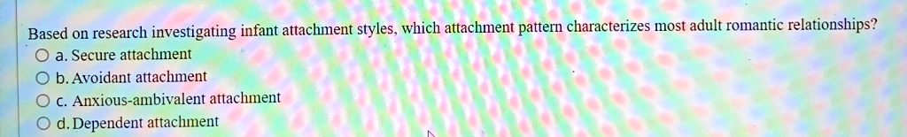Based on research investigating infant attachment styles, which attachment pattern characterizes ...