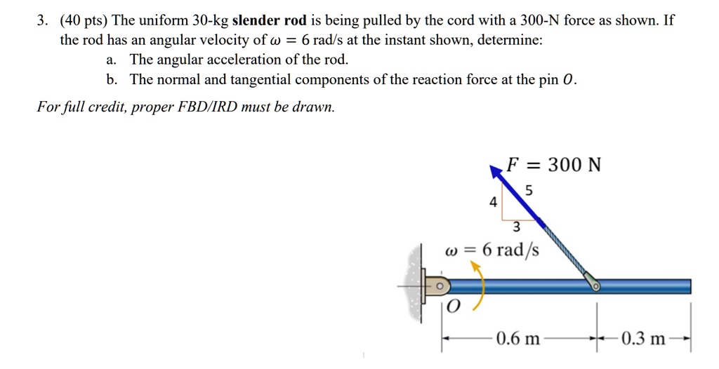 40 pts the uniform 30 kg slender rod is being pulled by the cord with a 300 n force as shown if ...