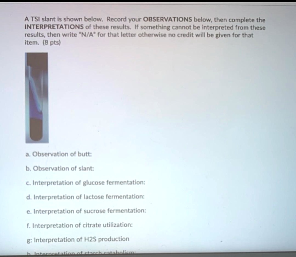 SOLVED: A TSI slant is shown below. Record your OBSERVATIONS below ...