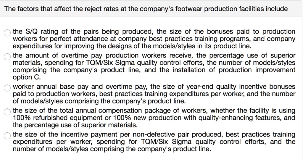 SOLVED: The factors that affect the reject rates at the company's ...