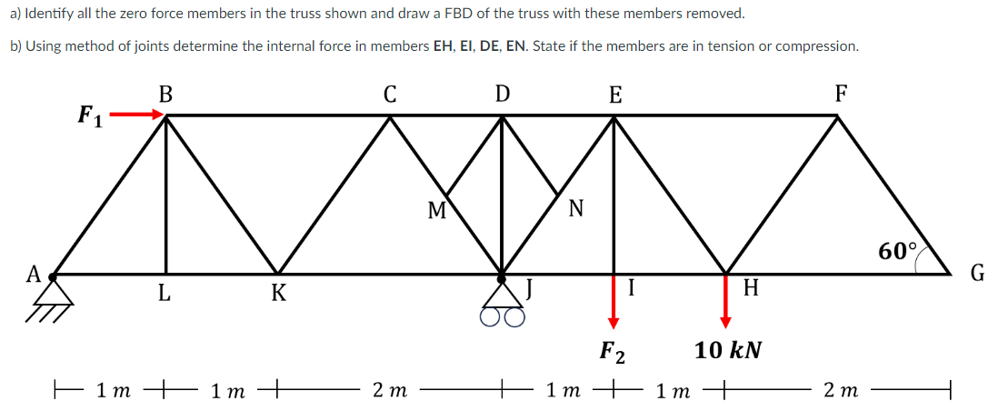 SOLVED: a) Identify all the zero force members in the truss shown and ...