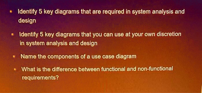 SOLVED: ldentify 5 key diagrams that are reguired in system analysis and design Identify 5 key ...