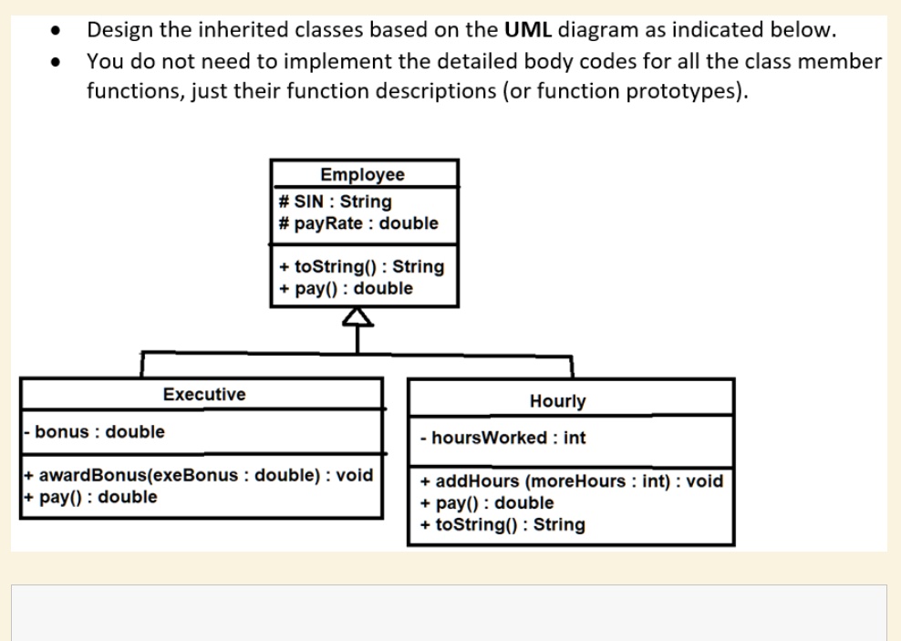 Use C++ please. Design the inherited classes based on the UML diagram ...