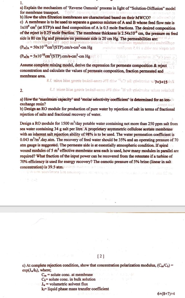 1 a explain the mechanism of reverse osmosis process in light of ...