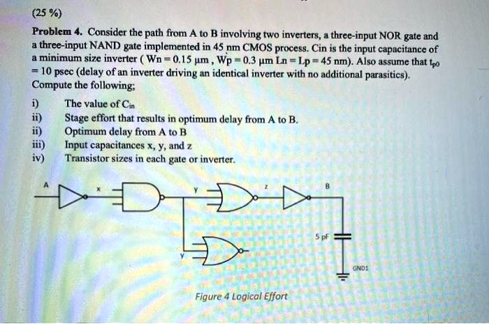 SOLVED: Problem 4. Consider the path from A to B involving two inverters, a three-input NOR gate ...