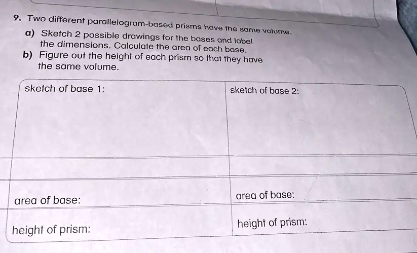 9. Two different parallelogram-based prisms have the same volume. a ...