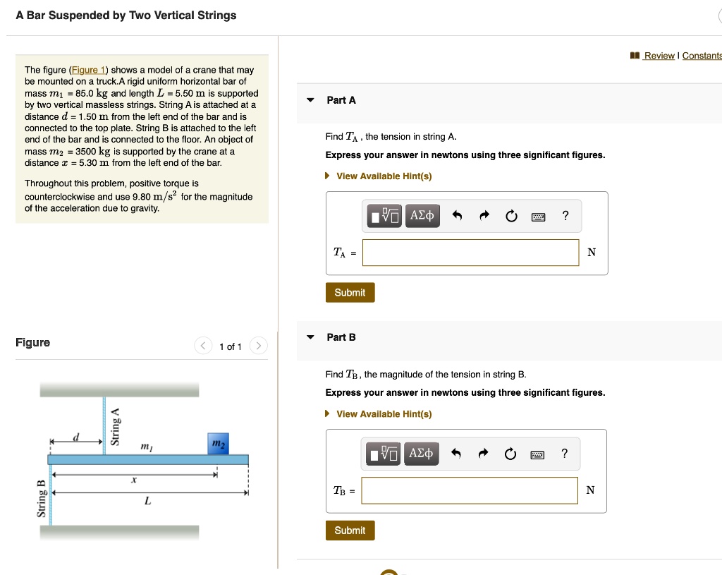 bar suspended by two vertical strings review constant the figure figure 1 shows model of crane ...