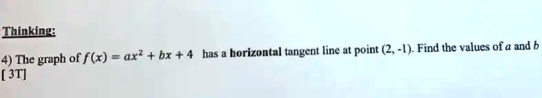 SOLVED: Thinking; point (2,-1) Find the values of a and 4) The graph of f(x) = ax2 + bx + 4 has ...