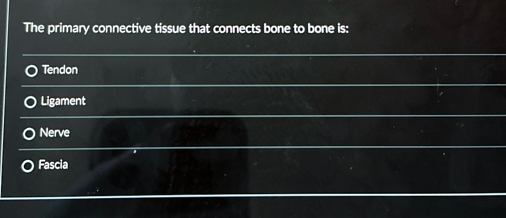 The primary connective tissue that connects bone to bone is: Tendon ...