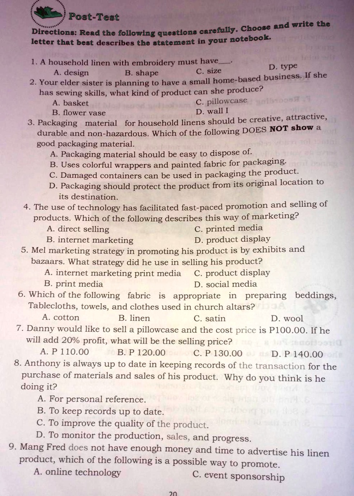 pa answer po plss tle po ito post test and write the directione read ...
