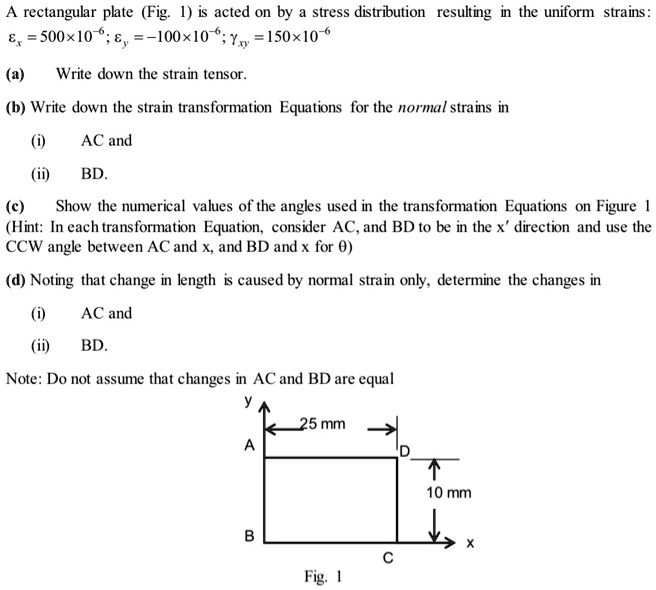 SOLVED: A rectangular plate (Fig. 1) is acted on by a stress ...