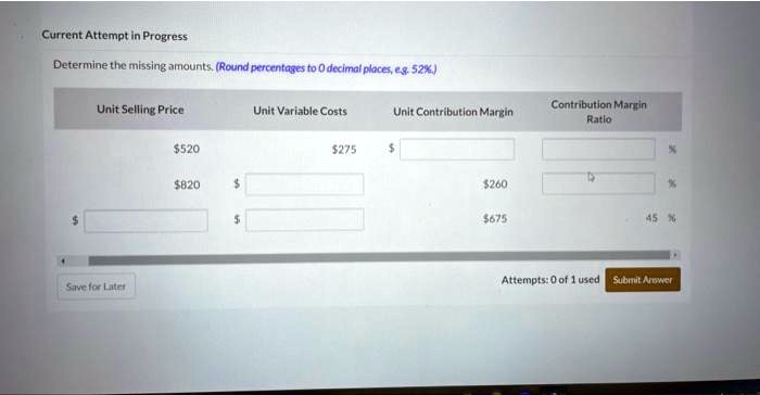 SOLVED: Texts: Current Attempt in Progress Determine the missing amounts. Round percentages to 0 ...