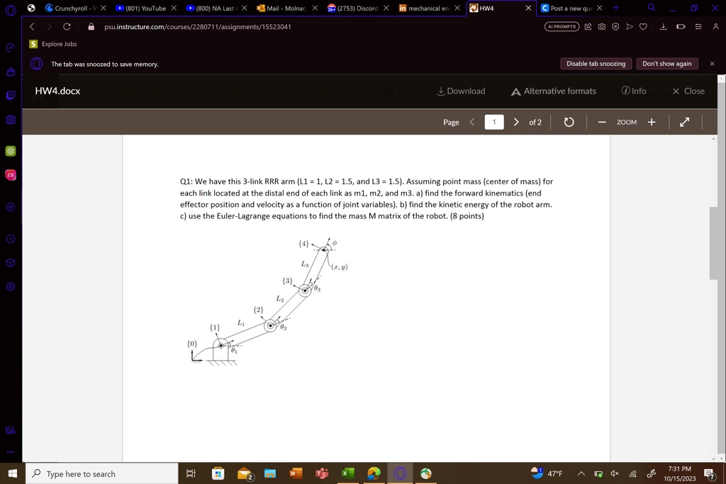 SOLVED: Texts: We have this 3-link RRR arm (L1 = 1, L2 = 1.5, and L3 = 1.5). Assuming point mass ...