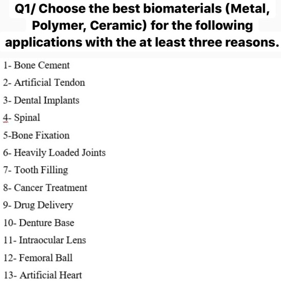 q1 choose the best biomaterials metal polymer ceramic for the following ...
