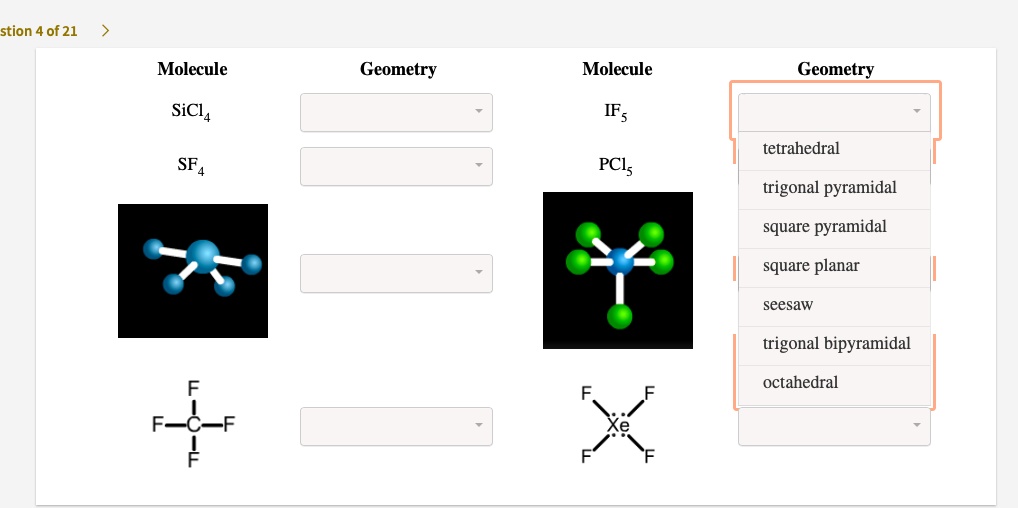 SOLVED: stion 4 of 21 Molecule Geometry Molecule Geometry SiCl4 IF ...