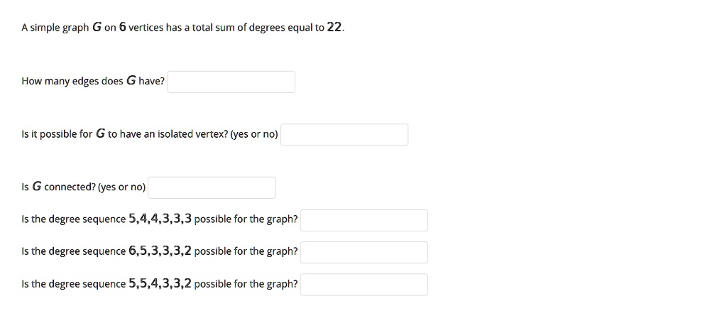 SOLVED: A simple graph G on 6 vertices has total sum of degrees equal to 22 How many edges does ...