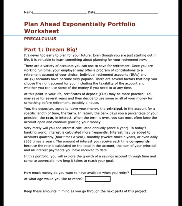 SOLVED: Name Date Plan Ahead Exponentially Portfolio Worksheet ...