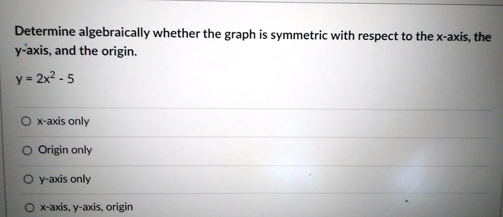 SOLVED: Determine algebraically whether the graph is symmetric with respect to the X-axis, the y ...