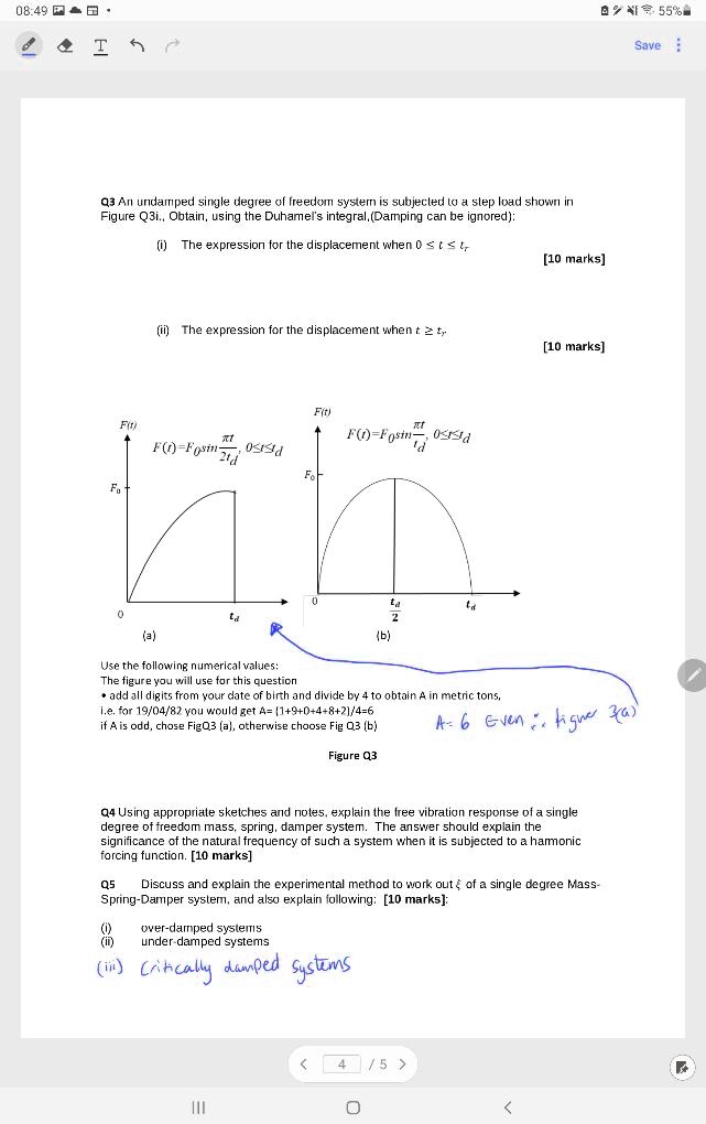 SOLVED: Q3 An undamped single degree of freedom system is subjected to a step load shown in ...