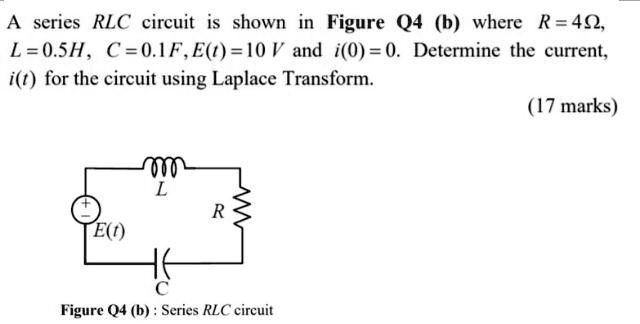 SOLVED: A series RLC circuit is shown in Figure Q4 (b) where R=40 Î©, L=0.1 H, C=0.1 F, E(t ...