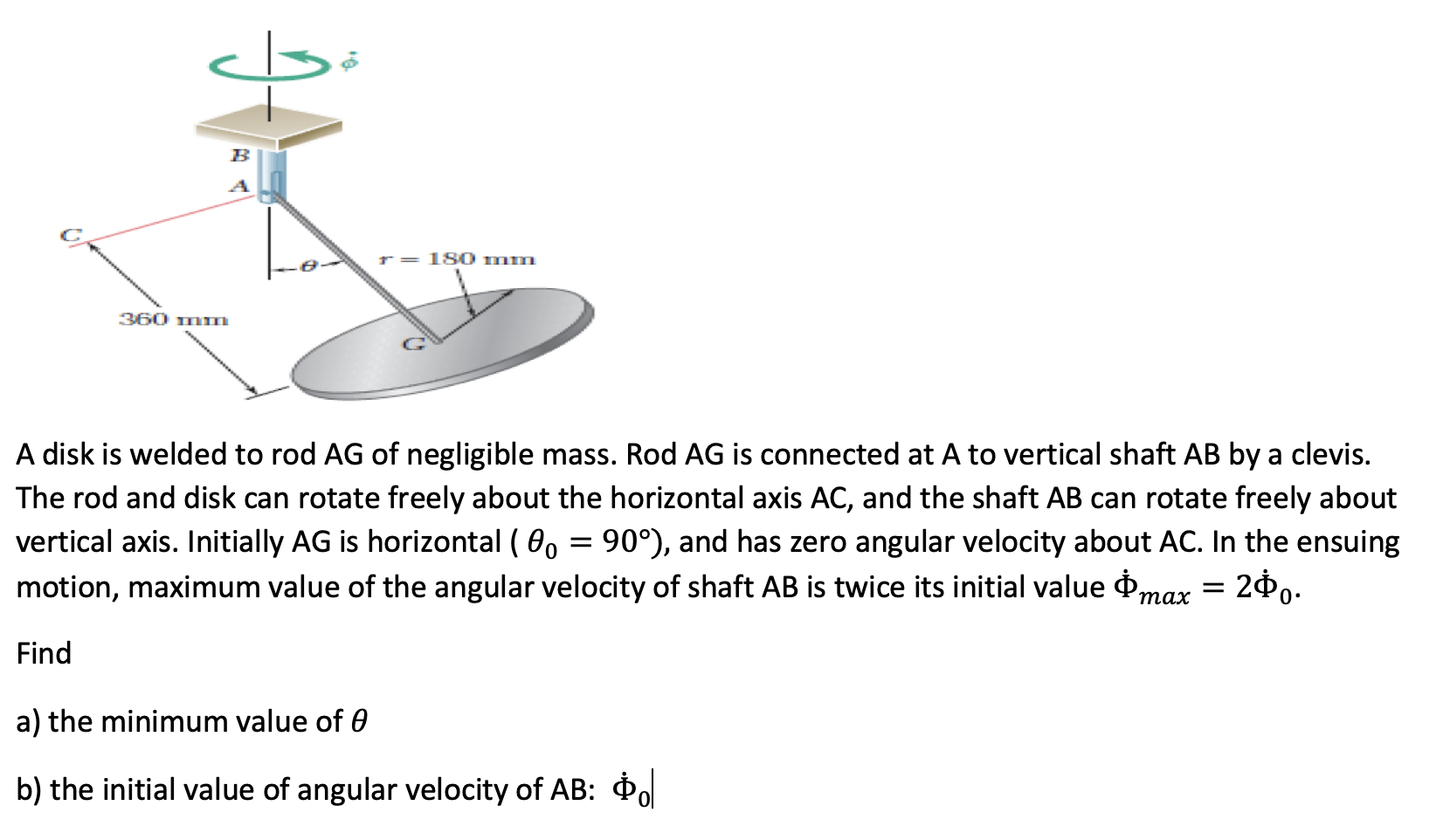A disk is welded to rod AG of negligible mass. Rod AG is connected at A to vertical shaft AB by ...
