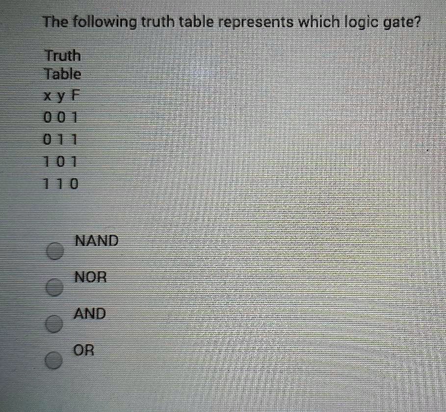 SOLVED: The following truth table represents which logic gate? Truth ... SOLVED: The following truth table represents which logic gate? Truth ...