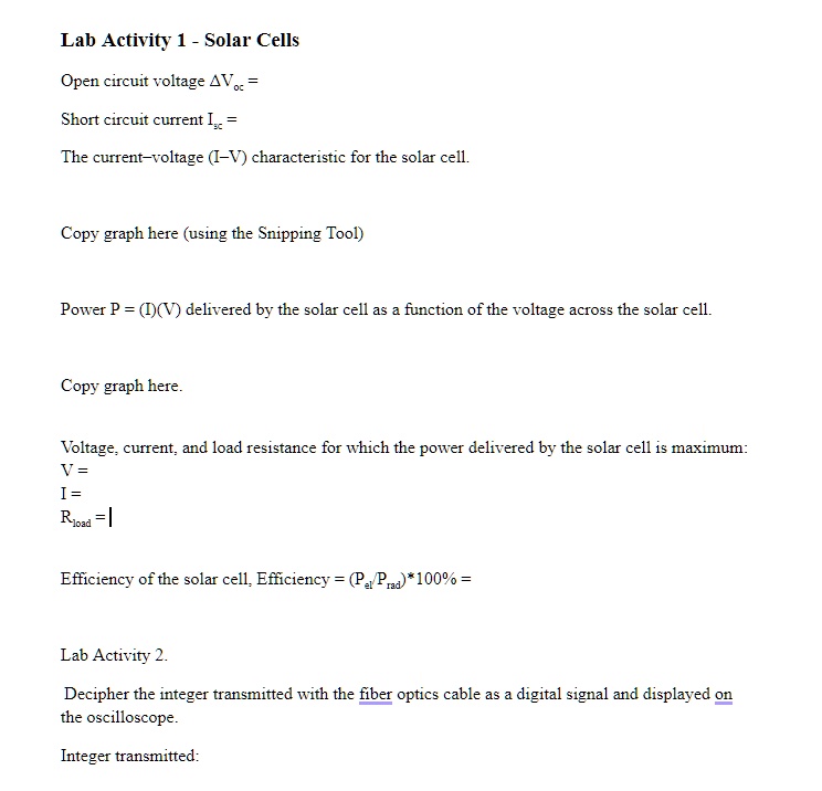 [GET ANSWER] Lab Activity 1 - Solar Cells Open circuit voltage Δ Voc ...