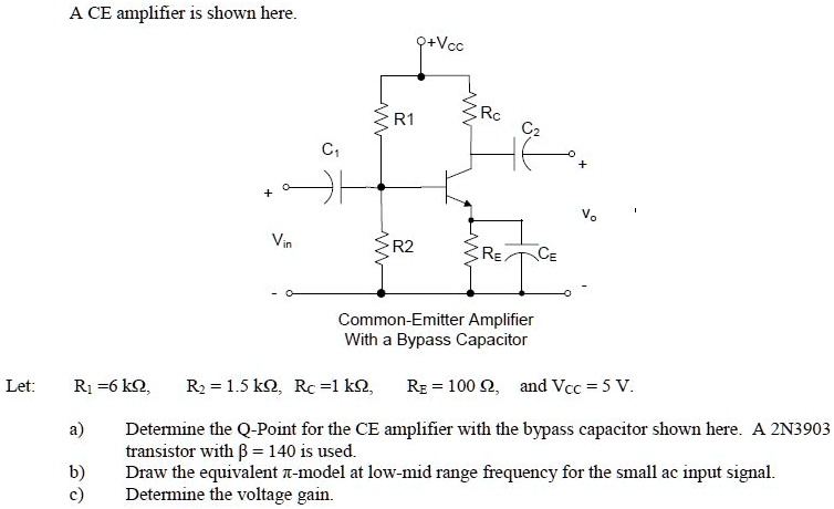 SOLVED: A CE amplifier is shown here. Vi Common-Emitter Amplifier With a Bypass Capacitor Let ...