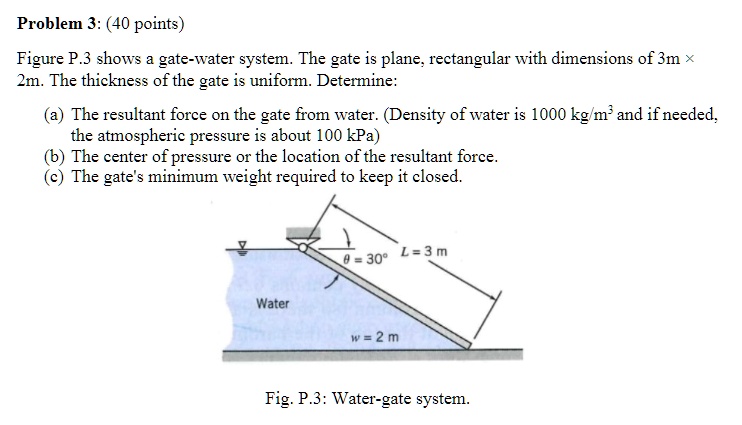 SOLVED: Problem 3: (40 points) Figure P.3 shows a gate-water system. The gate is plane ...