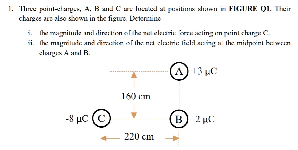 SOLVED: Three point-charges, A, B and € are located at positions shown in FIGURE Q1: Their ...