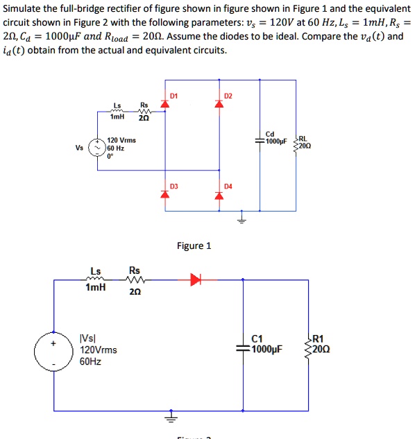 Simulate the full-bridge rectifier of figure shown in figure shown in Figure 1 and the ...