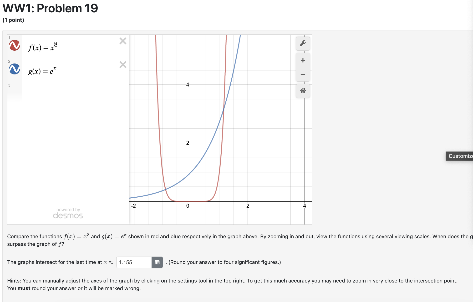 WW1: Problem 19 (1 point) Customiz Compare the functions f(x)=x^8 and g ...
