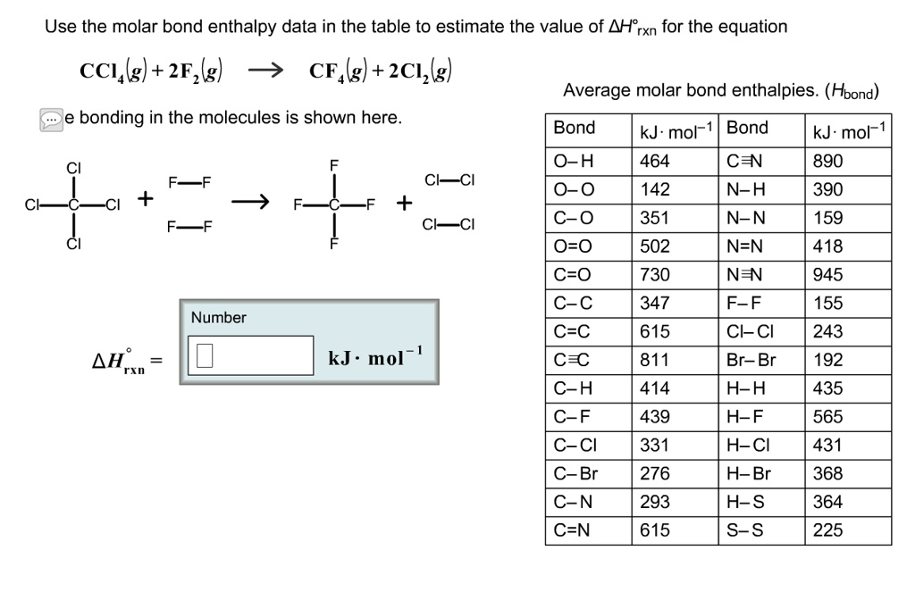 SOLVED: Use the molar bond enthalpy data in the table to estimate the ...
