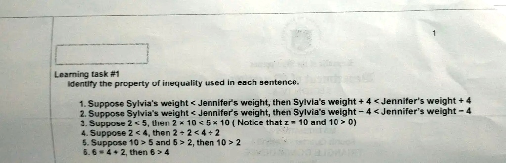 SOLVED: Leaming task #1 Identify the property of inequality used in ... SOLVED: Leaming task #1 Identify the property of inequality used in ...