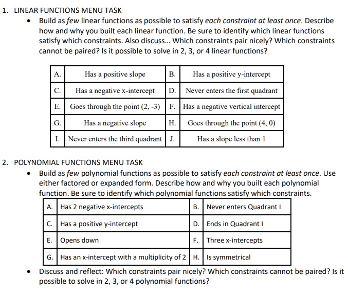 Solved Linear Functions Menu Task Build As Few Linear Functions As Possible To Satisfy Each