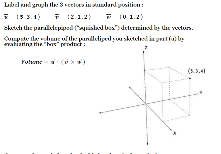 Label and graph the 3 vectors in standard position : u⃗= 5,3,4 v⃗= 2,1 ...