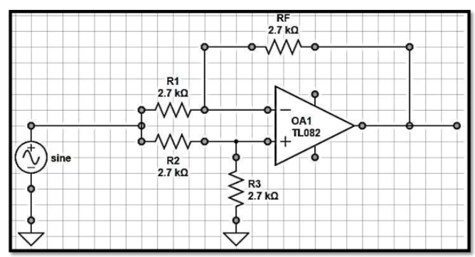 R1 2.7 k? RF 2.7 k? OA1 TL082 sine R2 2.7 k? R3 2.7 k?