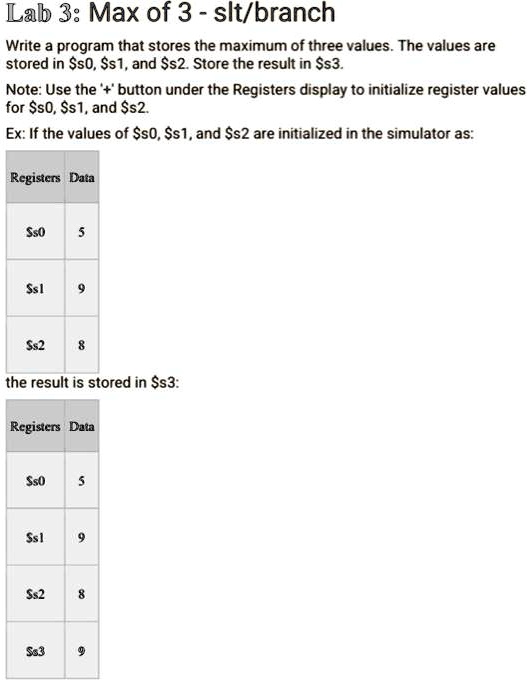 Lab 3: Max of 3 - slt/branch Write a program that stores the maximum of three values. The values ...