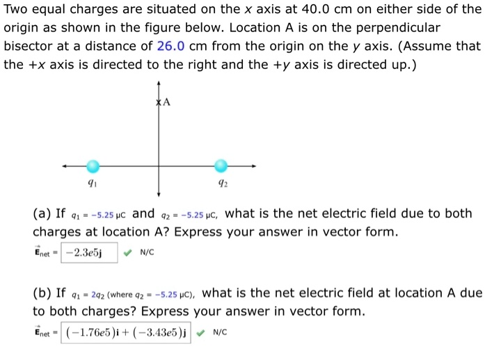 SOLVED: Two equal charges are situated on the x axis at 40.0 cm on either side of the origin as ...