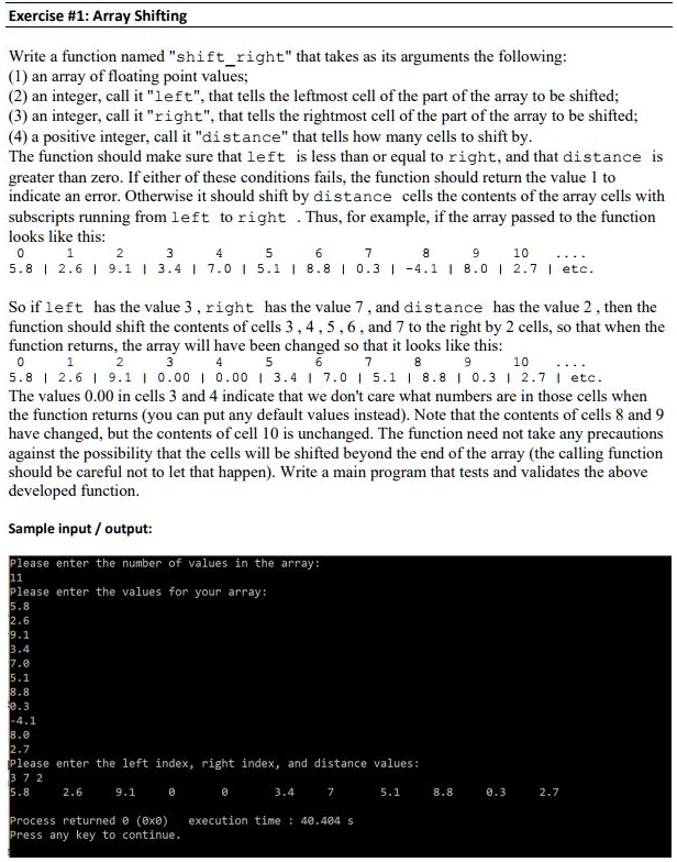 Solved Exercise 1 Array Shifting Write A Function Named Shiftright That Takes As Its