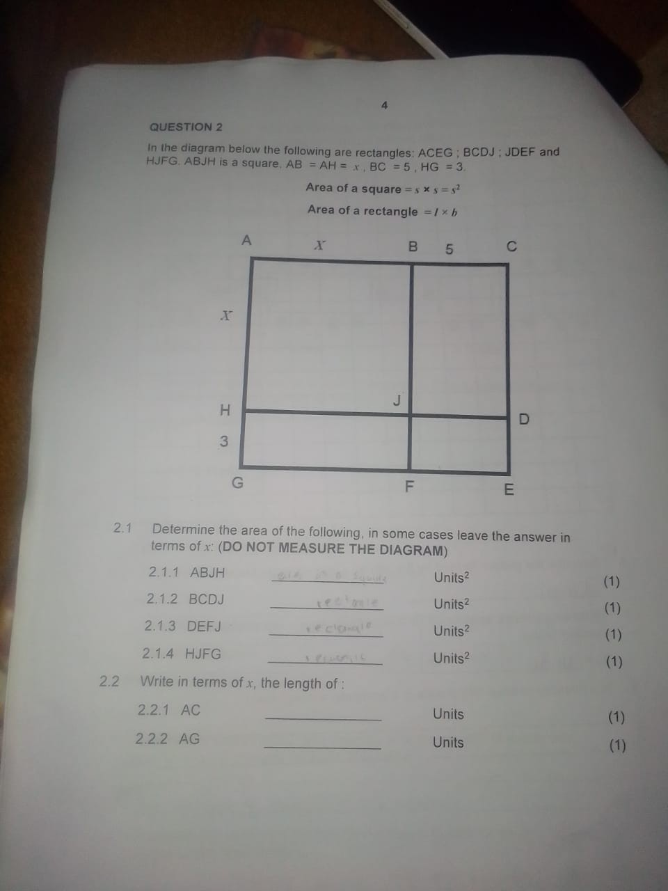 QUESTION 2 4 In the diagram below the following are rectangles: A C E G ; B C D J ; J D E F and ...